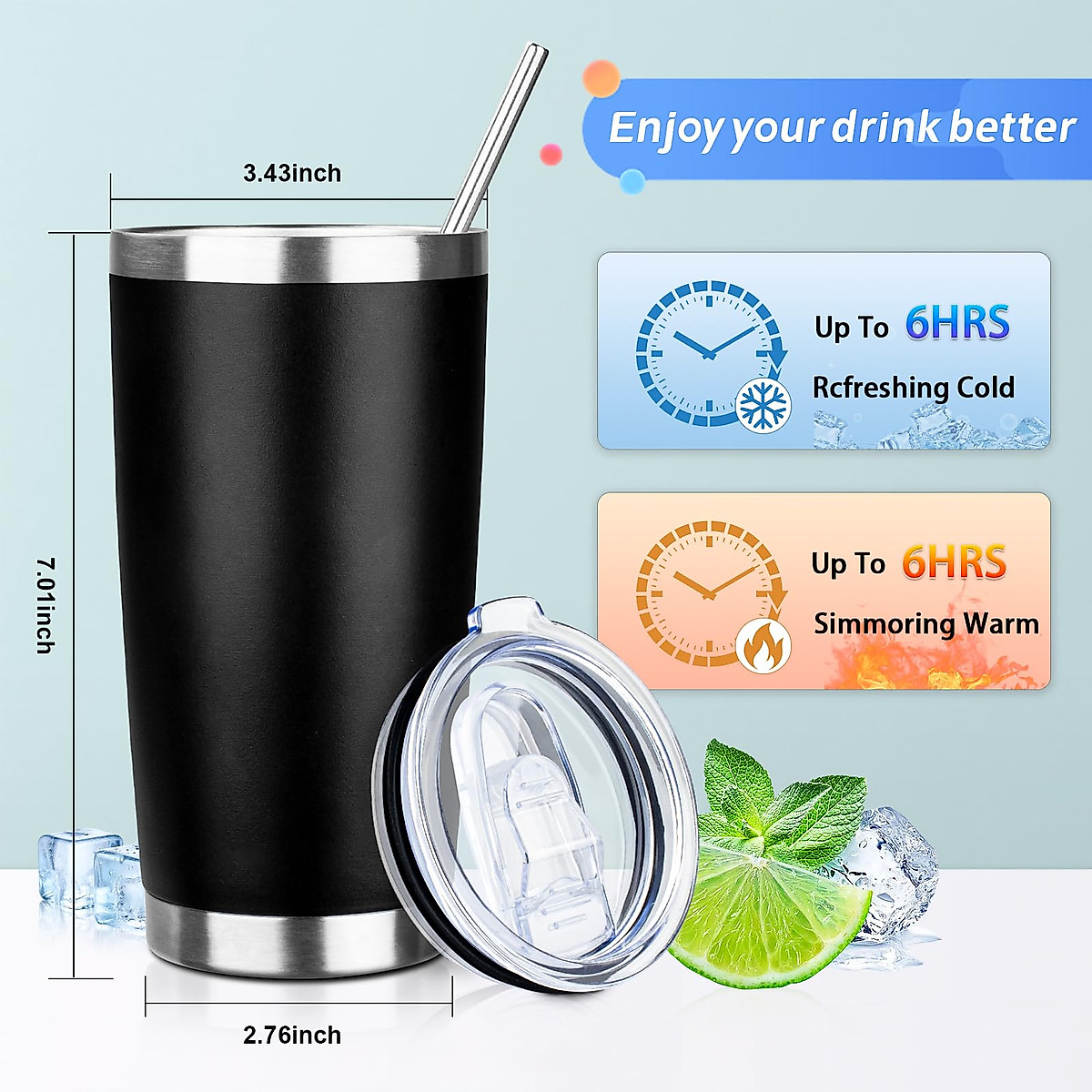 ATIKZHE 20oz Tumbler with Straw and Brush, Stainless Steel Vacuum Insulated tumbler, Double Wall Insulated Coffee Tumbler for Outdoor, Home, Travel,Office (Black,1pcs)