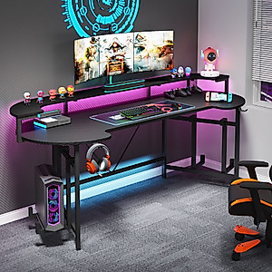 Tribesigns 75 Inch Gaming Desk with Monitor Shelf, Large PC Computer Desk with LED Lights, Gaming Table Gamer Desk for Bedroom, Home Office, Black