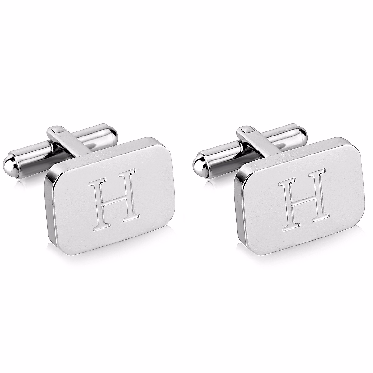 18K White-Gold Plated Initial Engraved Stainless Steel Men’s Cufflinks With Gift Box -Personalized Alphabet Letter’s A-Z By Lux & Pair (H- White Gold)
