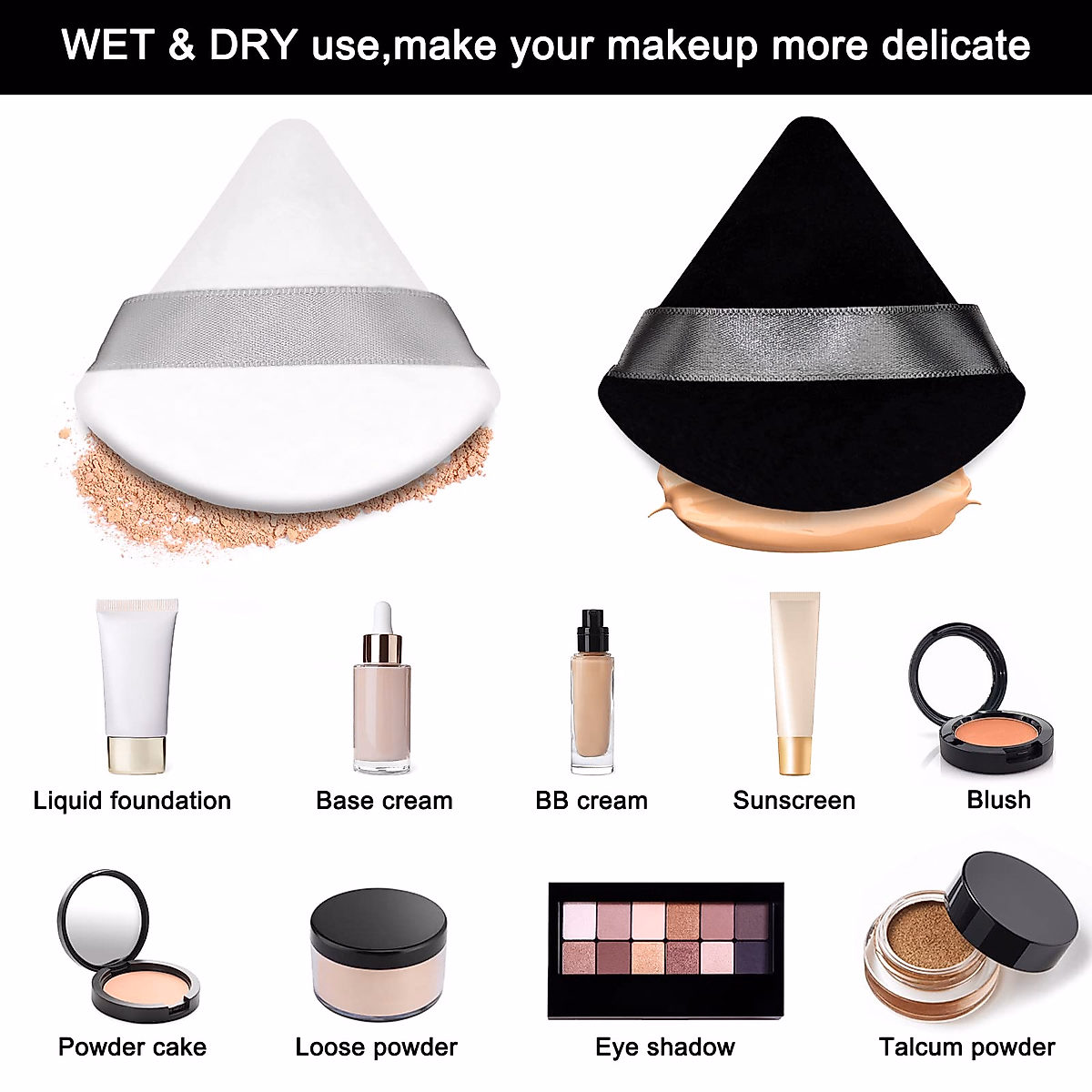 12 Pieces Cosmetic Powder Puff,2.76 inch Portable Soft Sponge Setting Face Puffs,Triangle Velvet with Ribbon Band Handle for Loose Powder Body Powder Makeup Tool