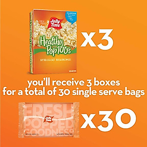 Jolly Time Healthy Pop Microwave Popcorn, Low Fat Gluten Free Non-GMO (Healthy Pop 100's - Butter & Sea Salt, 1.2 Ounce (Pack of 30))