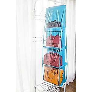 Amelitory Hanging Handbags Holder for Closet 4 Shelf Purse Bags Storage 8 Compartment Dust-Proof Organizer Lake Blue
