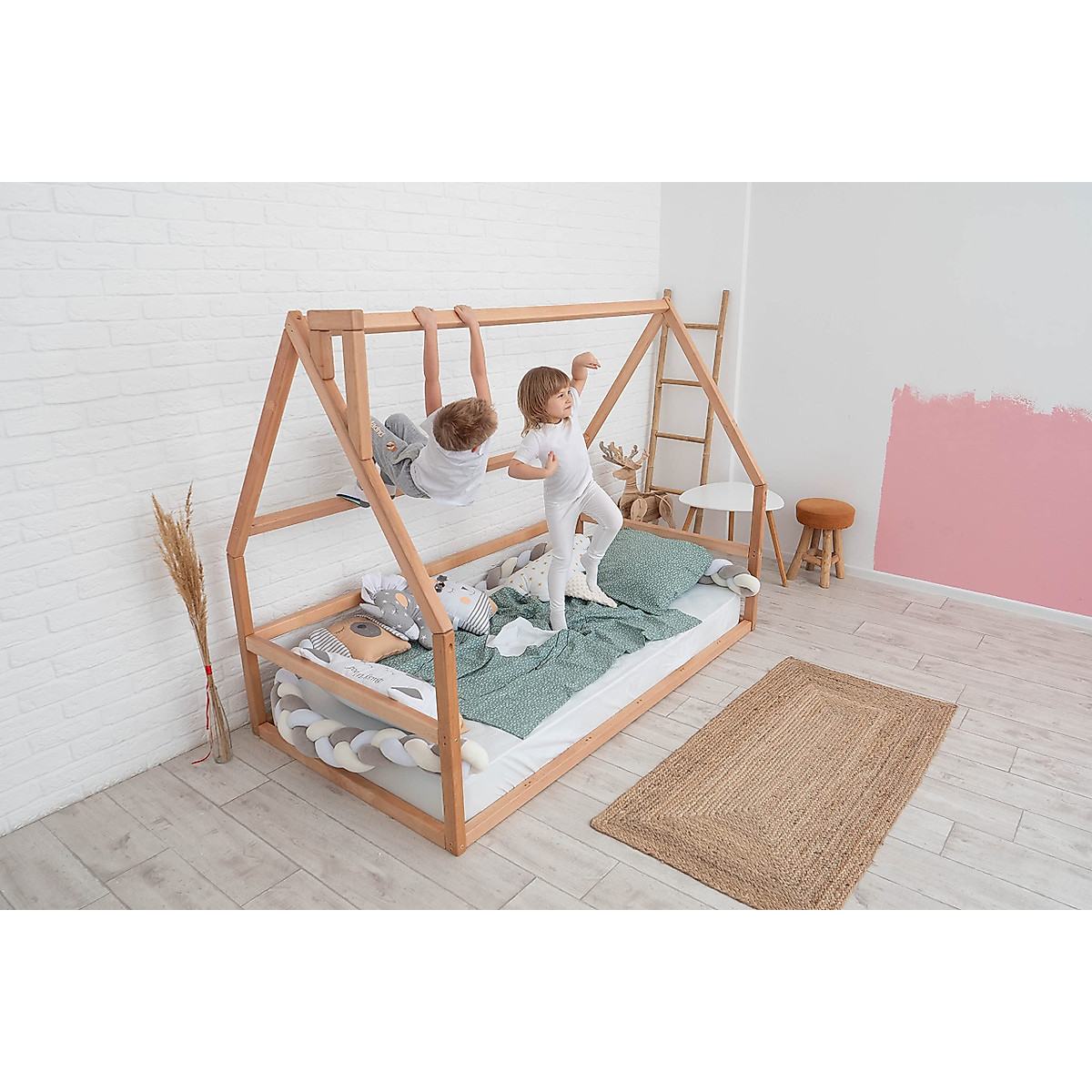 BUSYWOOD Kids Montessori Design Play Room- Toddler Floor Bed House Frame - Montessori Bed Twin - House Frame Toddler Bed (Model 1, Floor Bed)
