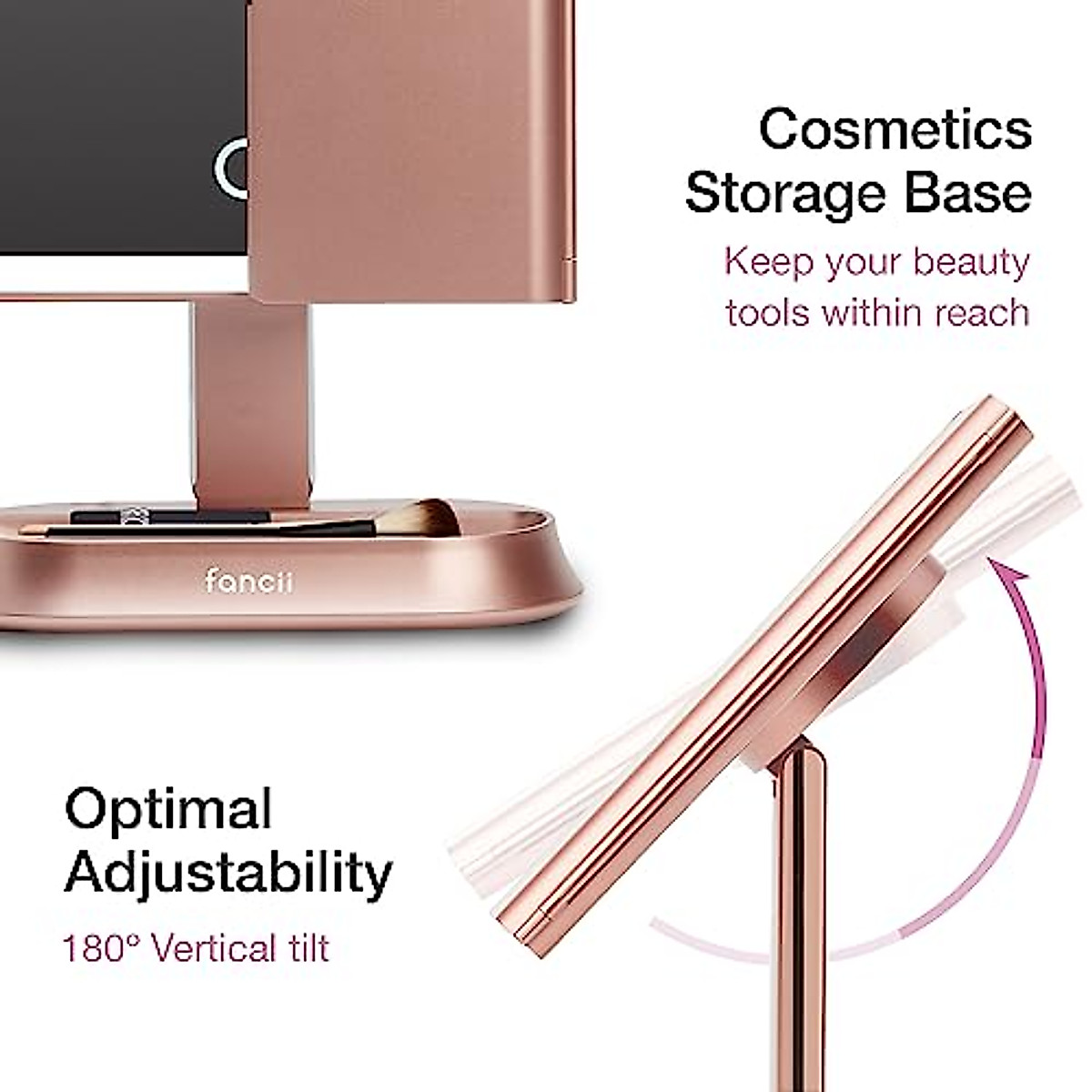 Fancii Makeup Mirror with Natural LED Lights, Lighted Trifold Vanity Mirror with 5X & 7X Magnifications - 40 Dimmable Lights, Touch Screen, Cosmetic Stand - Sora (Rose Gold)