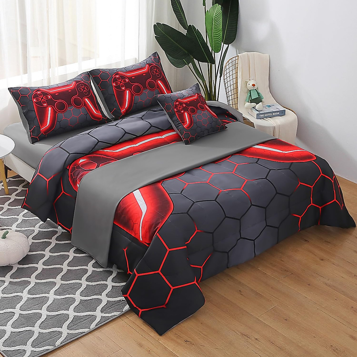 JQinHome Full Gamer Comforter Set for Boys Girls Kids,6 Piece Bed in A Bag 3D Video Game Bedding -All Season Soft Microfiber Down Alternative Comforter Gamer Bedding Sets with Sheets （Red）