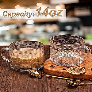 Xigugo Vintage Coffee Mugs 4pcs Set, Clear Embossed Tea Cups with Bamboo Lids and Spoons, 14 Oz Glass Coffee Cups, Cute Coffee Bar Accessories, Iced Coffee Glasses, Ideal for Cappuccino, Latte, Tea