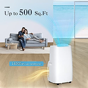 14000 BTU Portable Air Conditioners, Portable AC Unit with 90° Adjust Angle Powerful Cooling for Room Up to 500 Sq. Ft, 3 in 1 Air Conditioner, Dehumidifier & Fan Modes, with Remote, 24Hrs Timer, White
