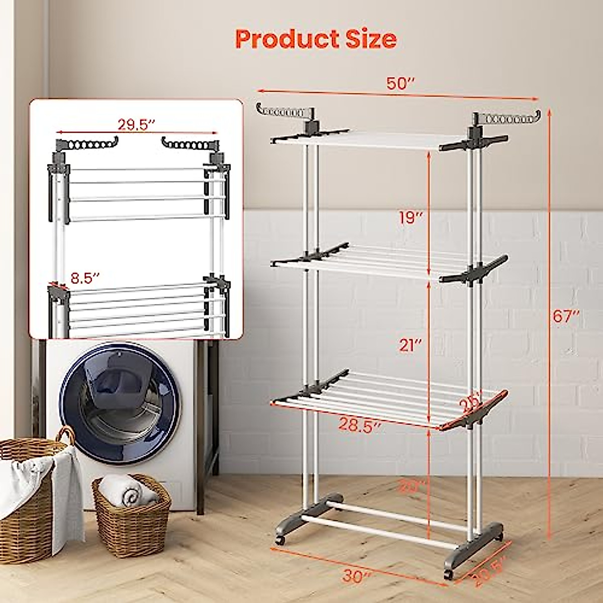 Tangkula 4-Tier Clothes Drying Rack, Collapsible Laundry Rack Stand with 2 Hanger Holders, 3 Tier Retractable Trays, 1 Bottom Shoe Rack, Movable Garment Drying Station with 4 Castors (Silver)