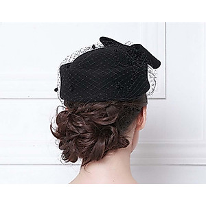 Pillbox Hat Fascinator Beret Wedding Party Top Hat Church Wool Hat for Women (Black)