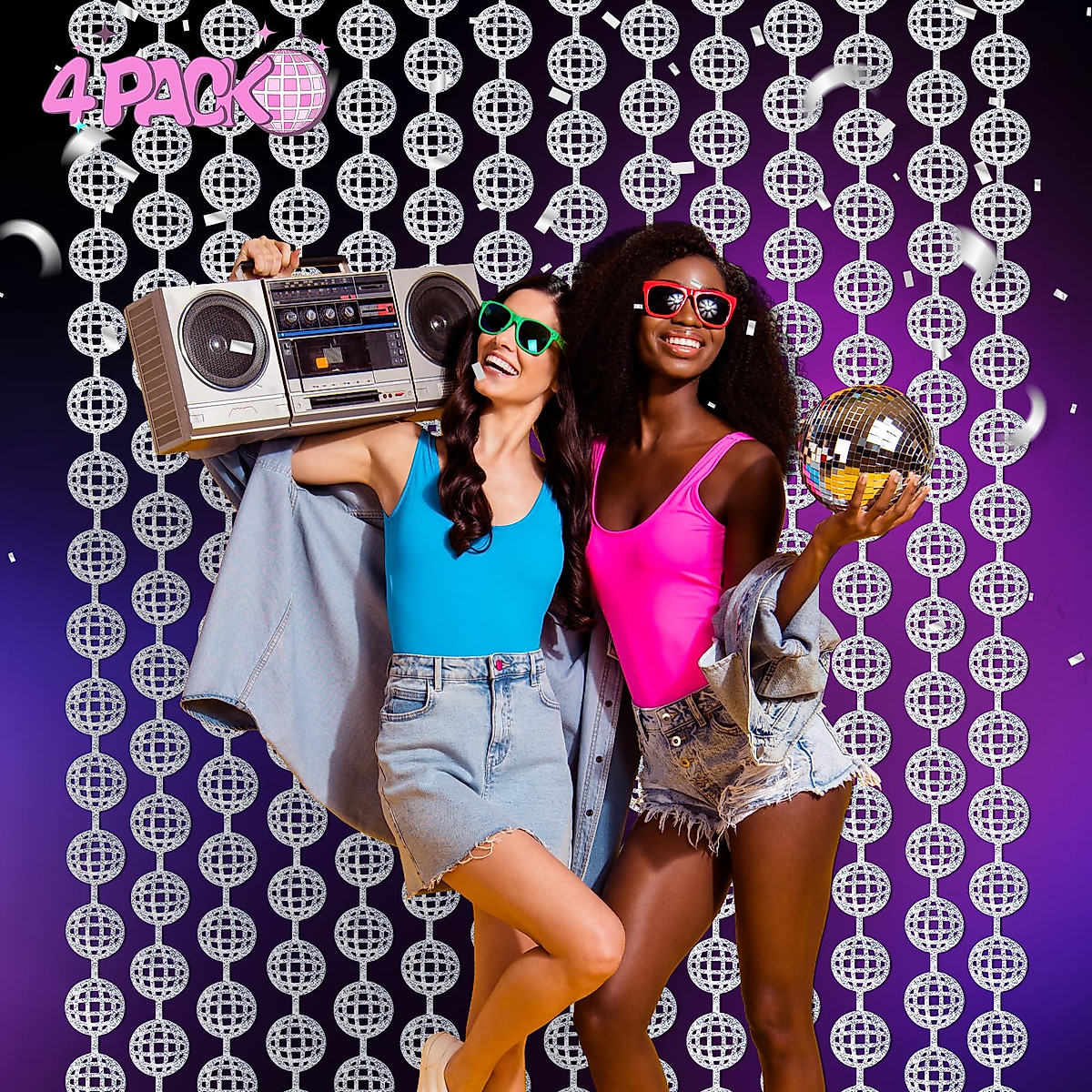 MENSTARSI Disco Party Decorations, 4 Pack Disco Ball Photo Booth Props,3.3x6.6 ft Silver Foil Fringe Curtains Photo Backdrop for The 70s & 80s Last Disco Bachelorette, Decades, Taylor Party Decor