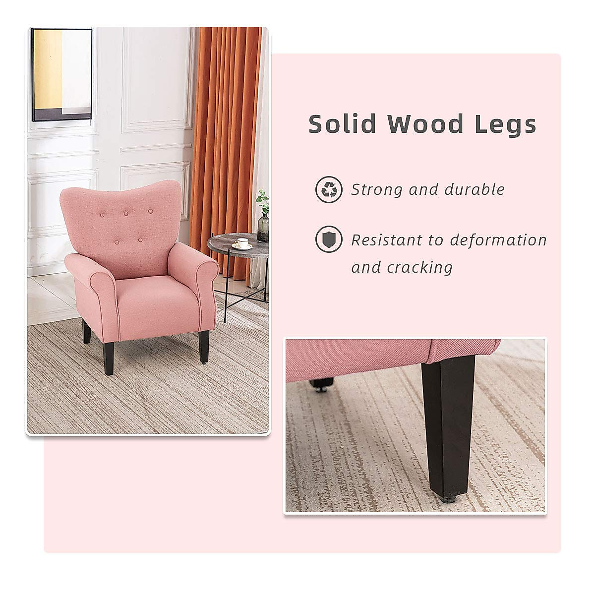 YOLENY Modern Accent Chair,High Back Armchair,Upholstered Fabric Button Single Sofa with Wooden Legs for Living Room,Bedroom,Club,Light Pink
