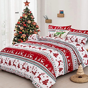 Dobuyly Christmas Duvet Cover Set Queen Reversible Christmas Tree Reindeer Boho Bedding Set 3 Pieces Soft Microfiber Comforter Cover for Bedroom Decor