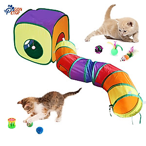 GONPETGP Cat Toys for Indoor Cats, Kitten Toys Set, Collapsible Pet Tunnel Cube Tent Toys, Interactive Cat Feather Teaser Wand Cat Bell Balls Fuzzy Ball Springs Mouse Toys for Cat Kitty (Rainbow)