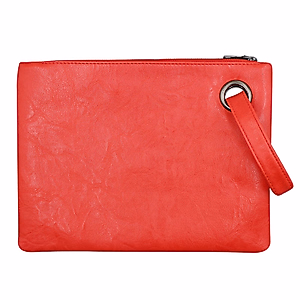 C.C-US Women Oversized Envelope Handbag Soft Leather Clutch Evening Bag Purse with Wrist Strap (Red)