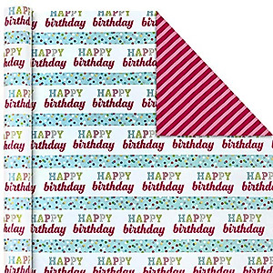 Hallmark Reversible Wrapping Paper Bundle (3 Rolls - 75 sq. ft. ttl: "Happy Birthday," Cupcakes, Stripes, Flowers, Polka Dots) in Yellow, Pink, Teal Blue, Black and White for Baby, Bridal, Birthdays