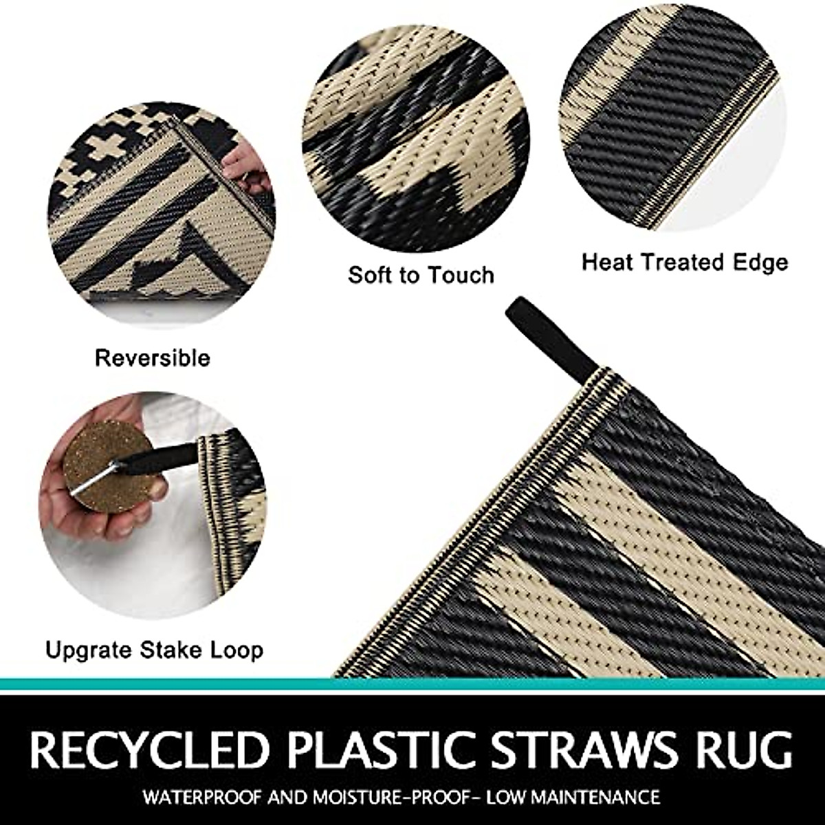 Capslpad Outdoor Rug 4'x6' Waterproof Plastic Straw Patio Rug Reversible Mat UV Resistant Outdoor Area Rug for Patio Backyard Terrace Deck Beach Picnic Balcony BBQ,Black and Beige