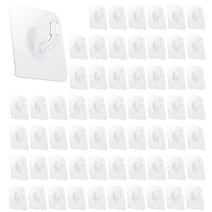 Molain 60Pcs Clear Adhesive Hooks for Hanging, Transparent Reusable Heavy Duty Wall Hooks Small Acrylic Sticky Hangers with Non Marking Sticker for Home Kitchen Bathroom Office Use