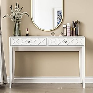 White Vanity Desk with Drawers, Wood Home Office Desk Modern Simple Makeup Vanity Table, 43 Inch Entryway Console Table
