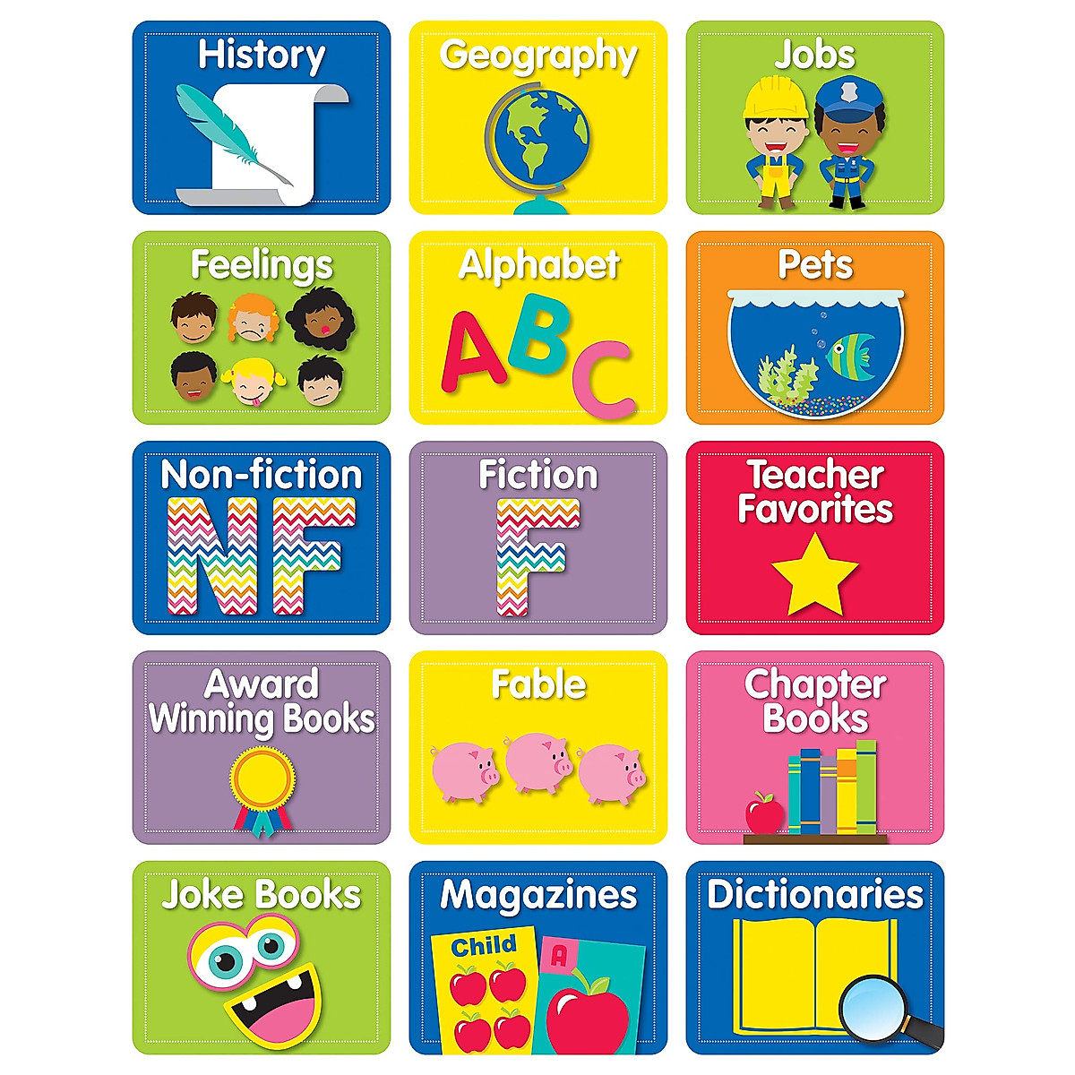 Schoolgirl Style - Just Teach | Library Labels Colorful Cut-Outs, Classroom Décor, 45 Pieces