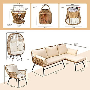 BULEXYARD 9 Piece Boho Patio Furniture Sets with Propane Fire Pit Table, Small Outdoor Bistro Chairs Sectional Sofa Conversation Set w/Gas Firepit, Egg Chair, Ice Bucket for Backyard, Lawn (Natural)