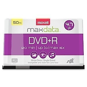 Maxell DVD Recordable Media - DVD+R - 16x - 4.70 GB - 50 Pack Spindle - 120mm - 2 Hour Maximum Recording Time - 639013
