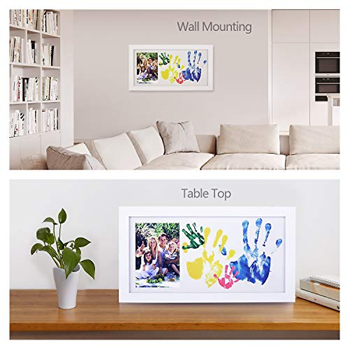 NWK DIY Family Photo + Family Hand/Footprints Kit with 10 X 17inch Elegant White Wood Picture Frame, Non-Toxic Watercolor Paints, Baby Shower Adoption Father's Day Gift for New Mom Dad (with Ink pad)