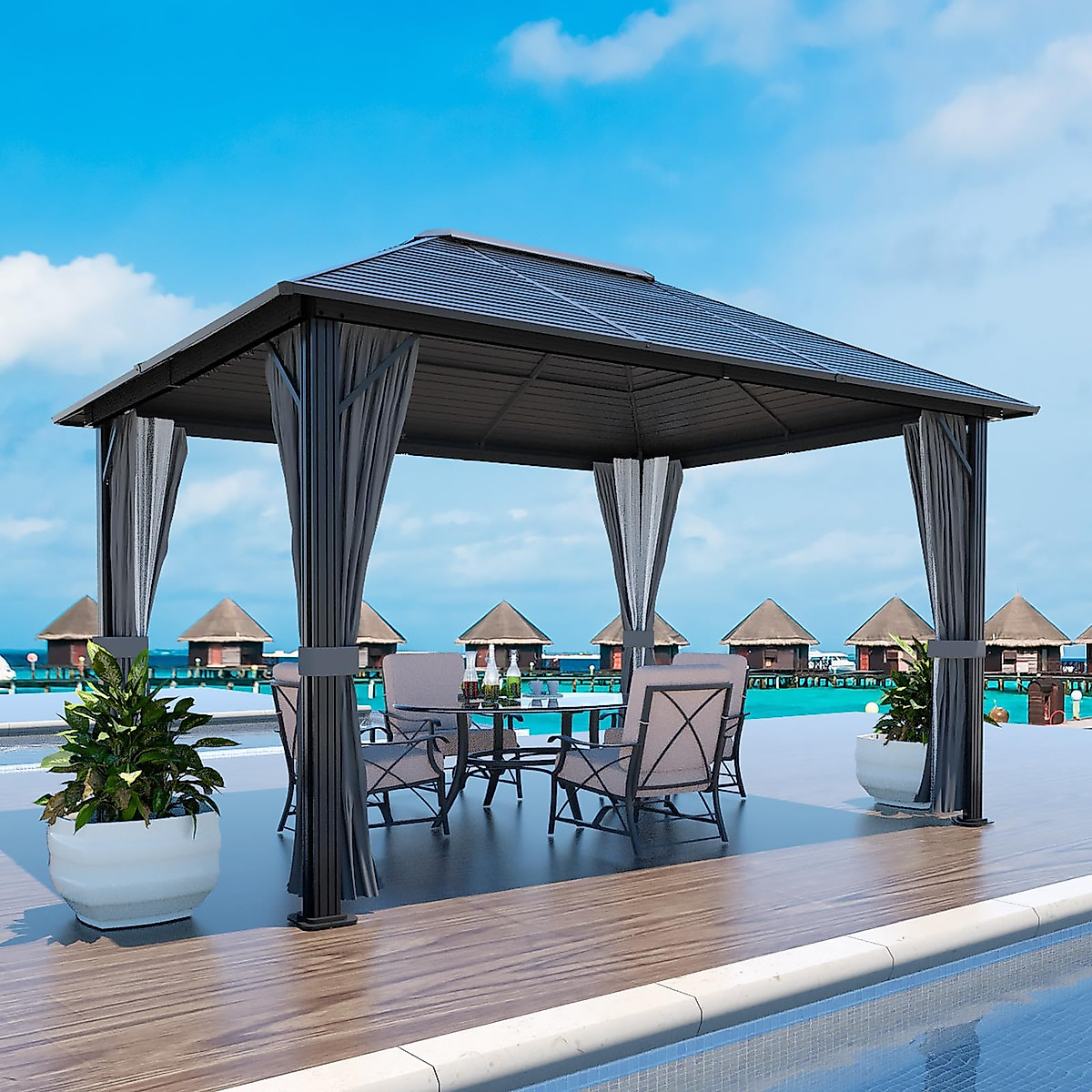 VEIKOU 10' X 12' Outdoor Gazebo, Galvanized Steel Hardtop Gazebo w/Netting and Curtains, Patio Gazebo with Single Roof, Heavy Duty Gazebo for Garden, Lawn, Deck, Backyard