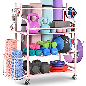 Mythinglogic Yoga Mat Storage Racks,Home Gym Storage Rack for Dumbbells Kettlebells Foam Roller, Yoga Strap and Resistance Bands, Workout Equipment Storage Organizer With Hooks and Wheels