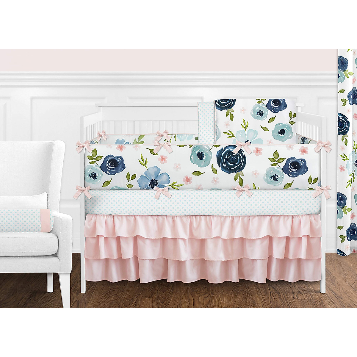 Sweet Jojo Designs Navy Blue and Pink Watercolor Floral Foldable Fabric Storage Cube Bins Boxes Organizer Toys Kids Baby Childrens - Set of 2 - Blush, Green and White Shabby Chic Rose Flower