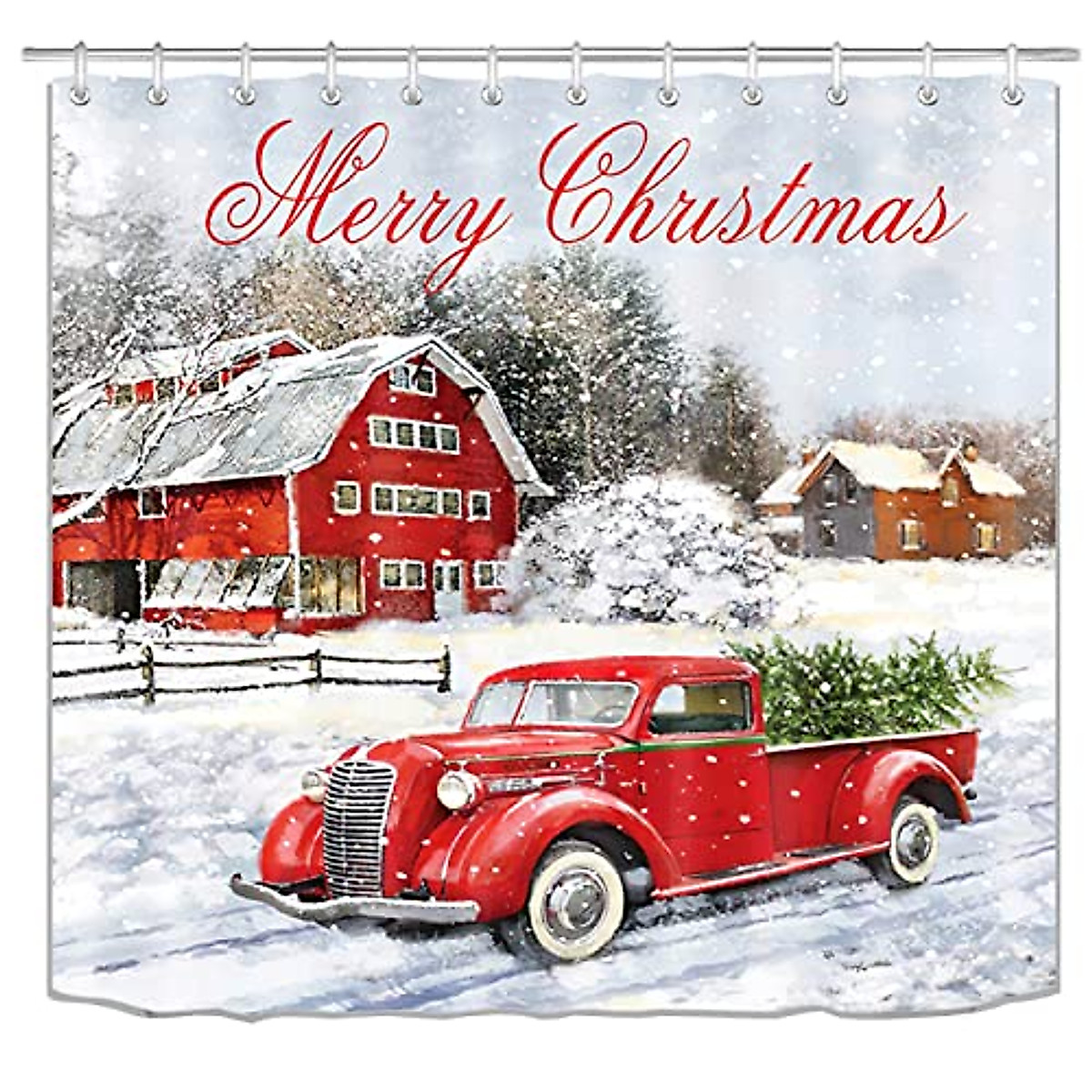 DOLASEV Christmas Shower Curtain, Red Truck Christmas Shower Curtains for Bathroom, Farmhouse Christmas Shower Curtain (Red Truck)