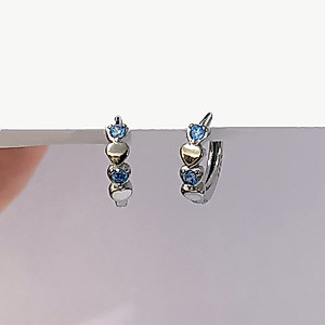 Double Love Heart Cubic Zirconia Sleeper Small Hoop Earrings for Women Teen Girls S925 Sterling Silver Cartilage Tiny Cute Huggie Hoops Hypoallergenic for Sensitive Ear Baby-Blue CZ
