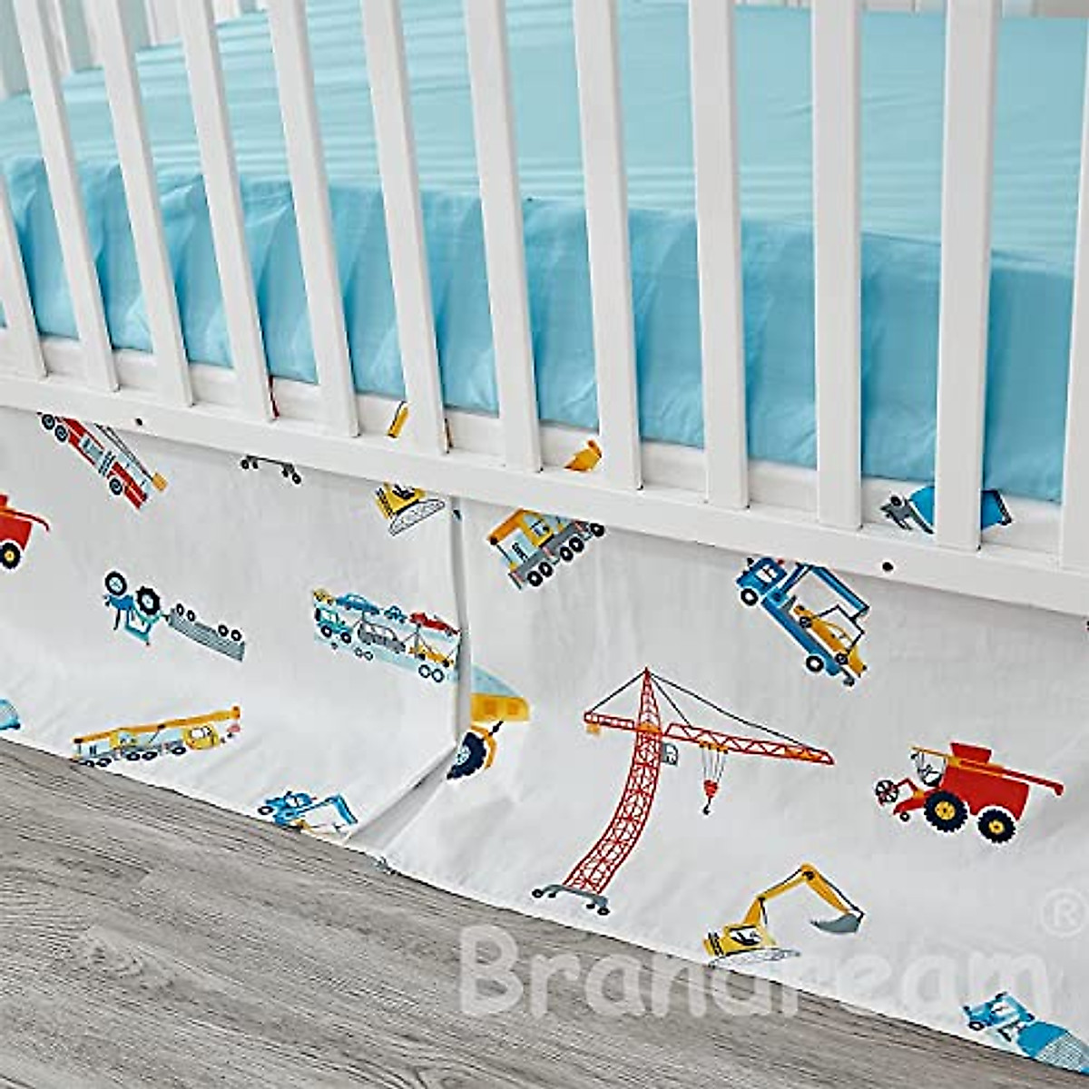 Brandream Crib Bedding Set for Boys Construction Truck Nursery Bedding Set Cotton 3 Pieces|Vehicles Excavator Car Cotton Comforter, Fitted Crib Sheet, Crib Bed Skirt| Baby Blue Yellow Red White