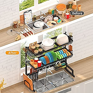 PUSDON Over Sink Dish Drying Rack (34"-45") 3 Tier, 2 Cutlery Holders Adjustable Dish Drainer for Kitchen Storage Countertop Organization, Stainless Steel Space Save Shelf (Sink Size≤44inch, Black)