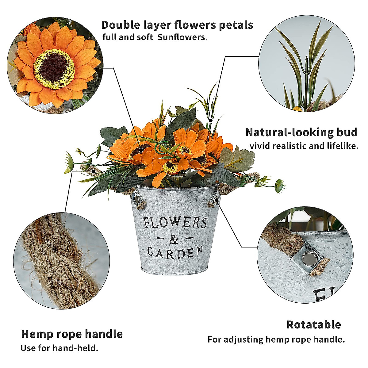 Artificial Sunflower Pot Shape Bonsai, 1 Pc Artificial Sunflower with Vase Metal Potted Fake Flower Artificial Sunflowers Bouquet for Party Office Garden Table Home Decor Windowsill (Orange Yellow)