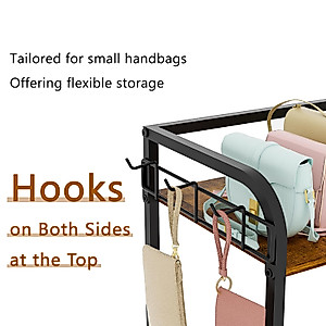 Purse Organizer with Side Hooks and Baskets for Purse Storage, Floor-Standing 3-Tier Purse Rack with Adjustable Feet, High-Capacity Bag Organizer for Closet, Iron and Wood Purse Holder, Patent Pending