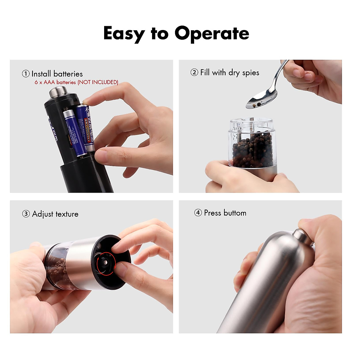 SimCoker Electric Salt and Pepper Grinder Set, Battery Operated Stainless Steel Pepper Grinder Mill Electric with Light, Automatic One Handed Operation, Adjustable Coarseness, Ceramic Grinder, 2 Pack