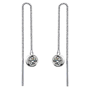 Women 925 Sterling Silver Brilliant Round Cut CZ Needle Threader Pull Through Dangle Earrings