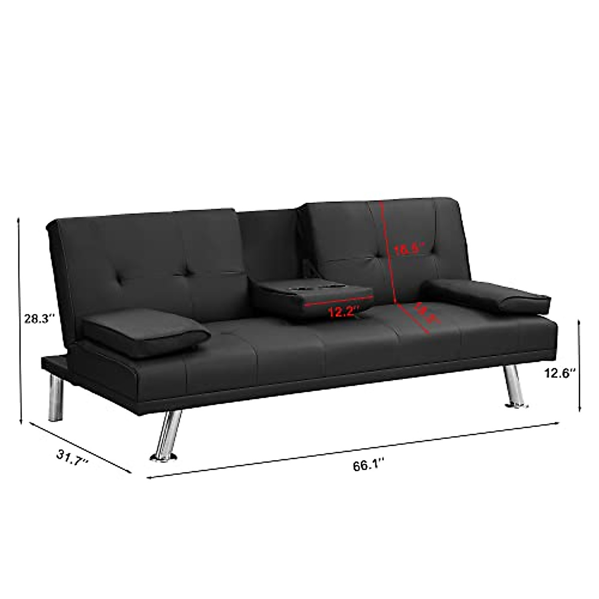 BMMB PU Leather Convertible Futon Sofa Bed Upholstered Modern Sleeper Couch with Detachable Armrests 2 Cup Holders Stainless Steel Legs, Suitable for Living Spaces, Apartments (Leather, Black)