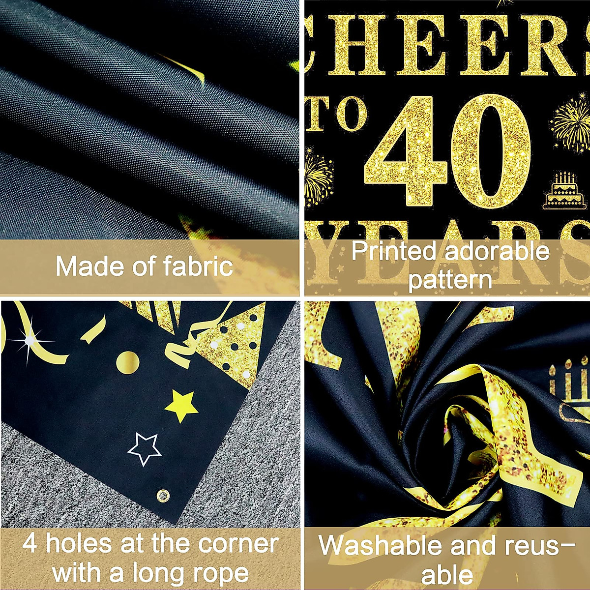 Trgowaul 40th Birthday Decorations for Women Men, Cheers to 40 Years Banner, Black and Gold 40th Birthday Backdrop, 40th Wedding Anniversary Decorations Party Banner Photography Supplies Background