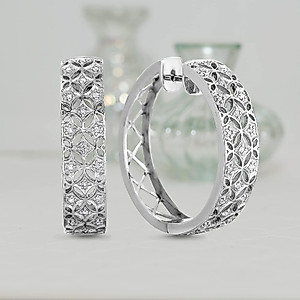 Natalia Drake Antique Style 1/5 Cttw Diamond Hoop Earrings for Women in Rhodium Plated 925 Sterling Silver