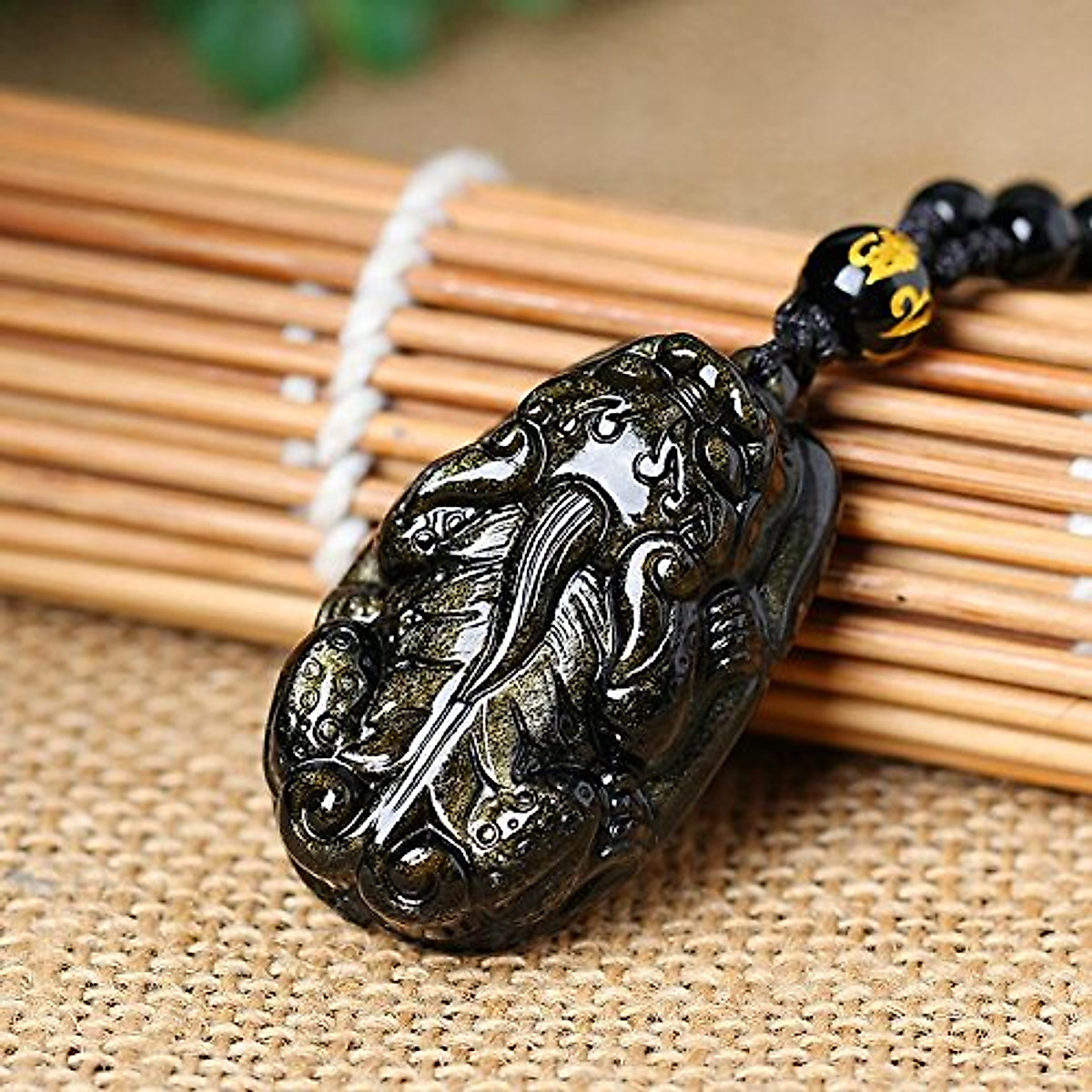 Natural Gold Obsidian Toad Pi Yao Pendant Amulet
