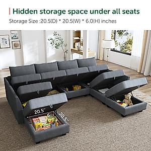 HONBAY Modular Sectional Couch U Shaped Sectional Sofa with Reversible Chaise Modular Sofa Couch with Storage Seat, Bluish Grey