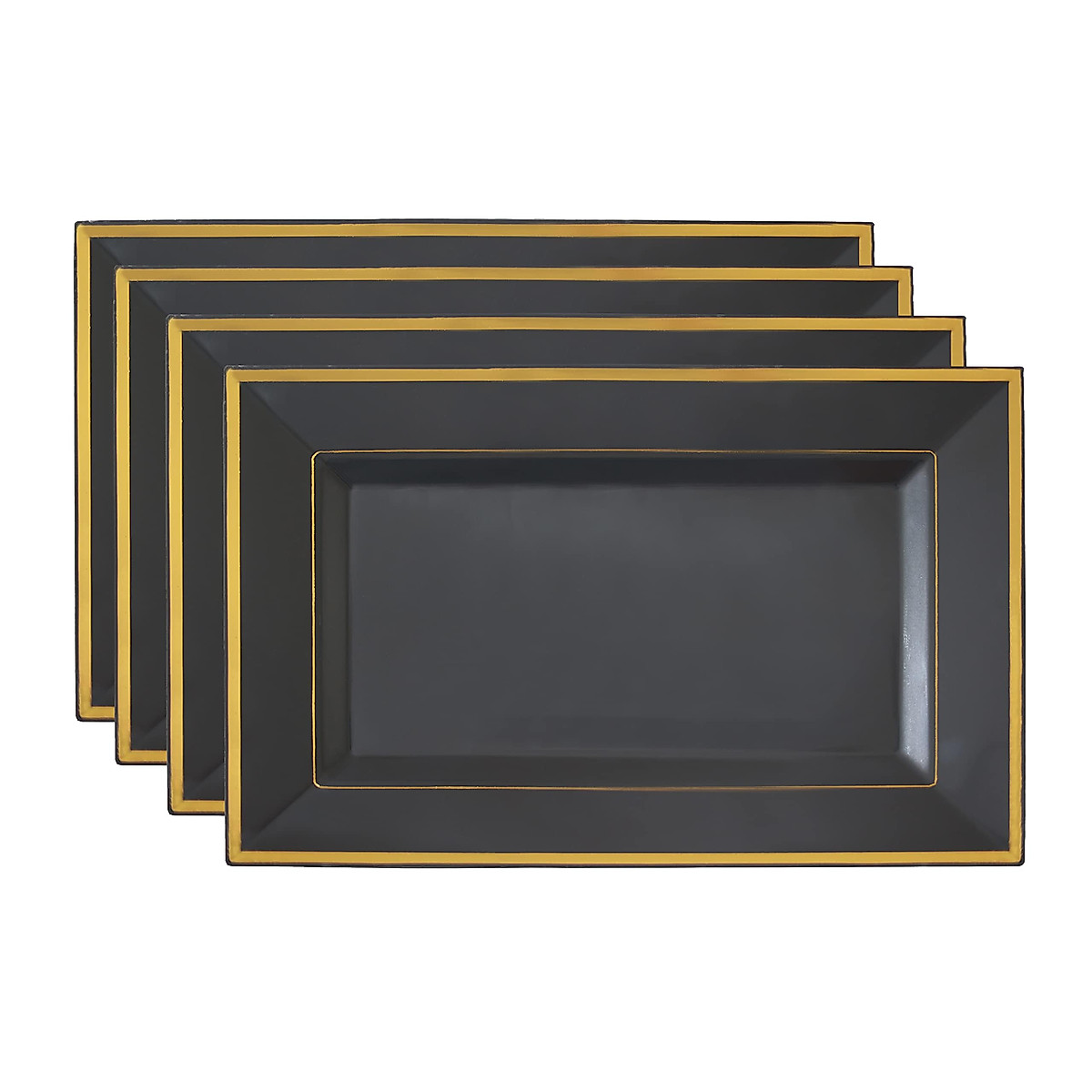 Hard Plastic Serving Tray Set, Black & Gold Rim Disposable Serving Trays & Platters for Food, Large Plastic Trays for Parties, Weddings, Food Trays for Cookies, Dessert, 8" x 13", 4 Pack
