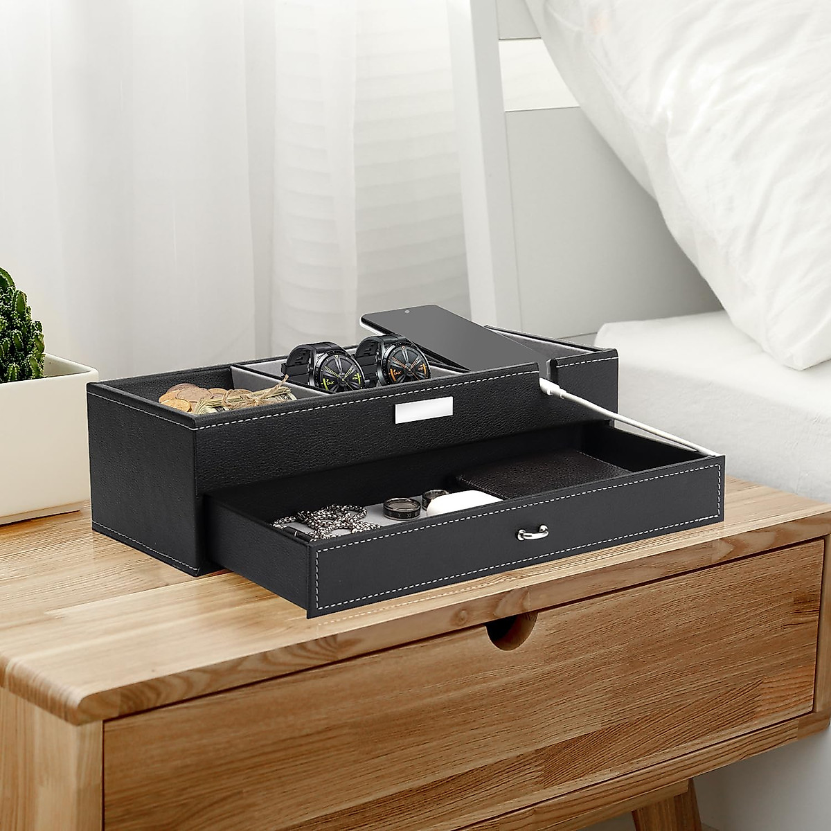 Baoyun Mens Valet Tray, Nightstand Organizers for Men, Leather Jewelry Storage Box Bedside Table Organizer EDC Catch All for Jewelry Key Wallet and Phone