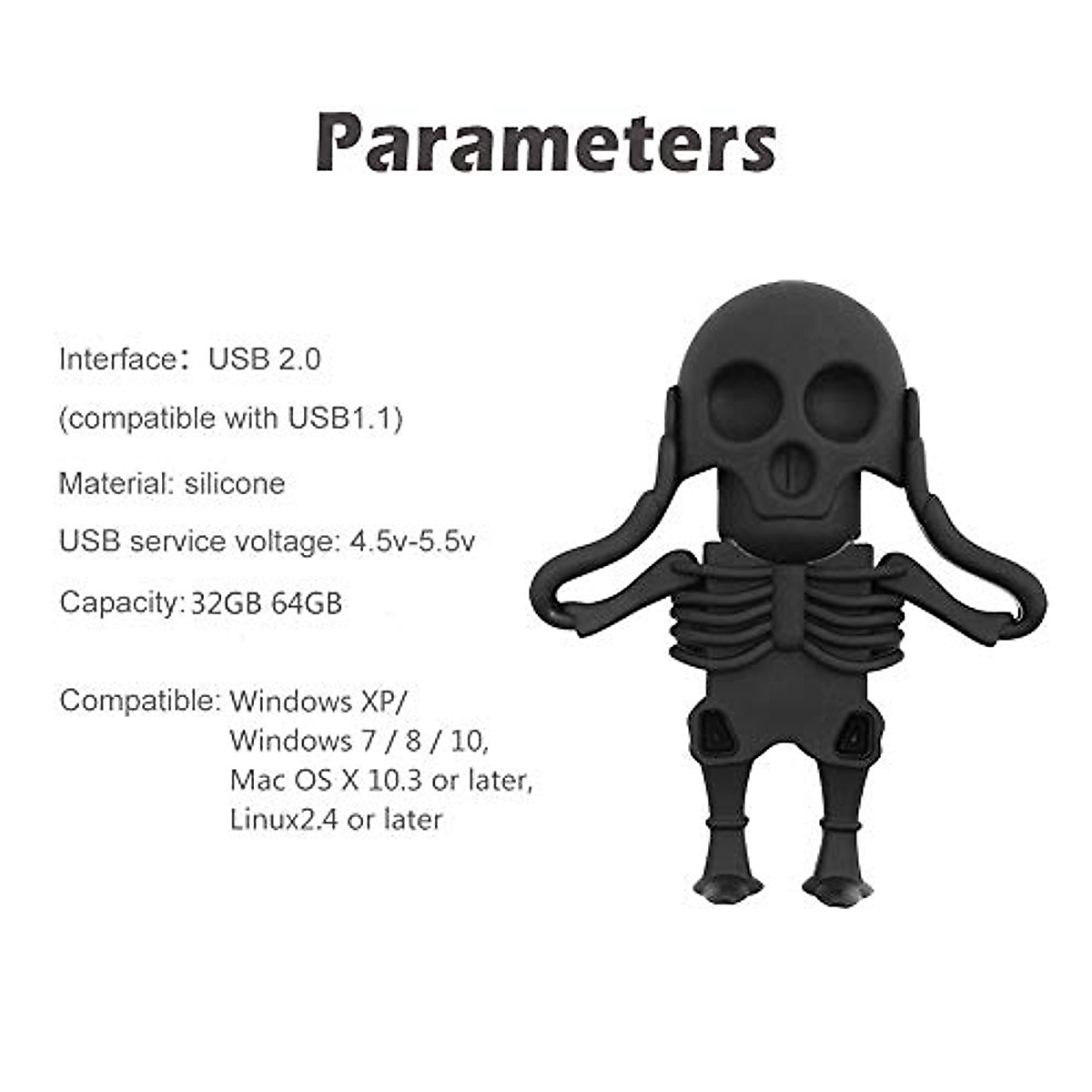 64GB USB Flash Drive Cartoon Skeleton Shaped Memory Stick, BorlterClamp Cool Thumb Drive Pen Drive Amazing Gifts, Black