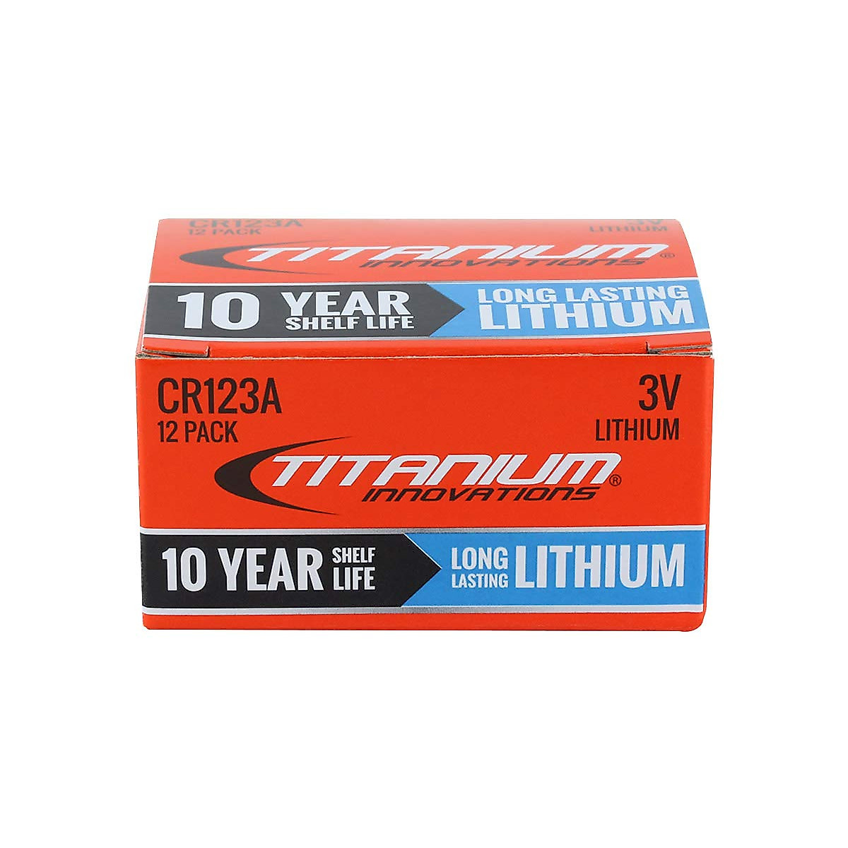 TITANIUM INNOVATIONS CR123A 3V Lithium Battery Tactical Configuration - Box of 12, Shrink Wrapped in Pairs