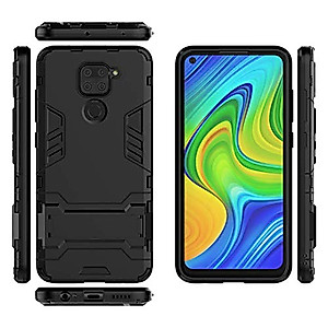 Smfu Cover for XiaoMi Redmi Note 9 Heavy Duty Shockproof Case with Kickstand Feature Hybrid Dual Layer Armor Defender Protective Cover-with Screen Protector 2 Pack-for Redmi Note 9（Black）