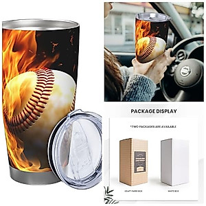 Fire Baseball Tumbler with Lid and Straw 20oz Stainless Steel Car Cup for Hot and Cold Drinks, Double Wall Insulated Travel Coffee Mug Reusable Drink Thermos Cup Birthday Gifts