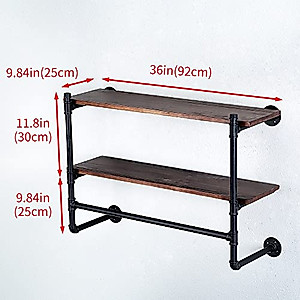 JIANZHUO Industrial Pipe Clothing Rack Wall Mounted with Wood Shelf,Rustic Retail Garment Rack Display Rack Cloths Rack,Pipe Shelving Floating Shelves
