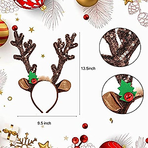 eyigylyo Reindeer Antlers Headbands with Red Nose, Christmas Sequin Reindeer Headbands with Bells Antler Xmas Party Headwear Accessories for Women Girls Kids